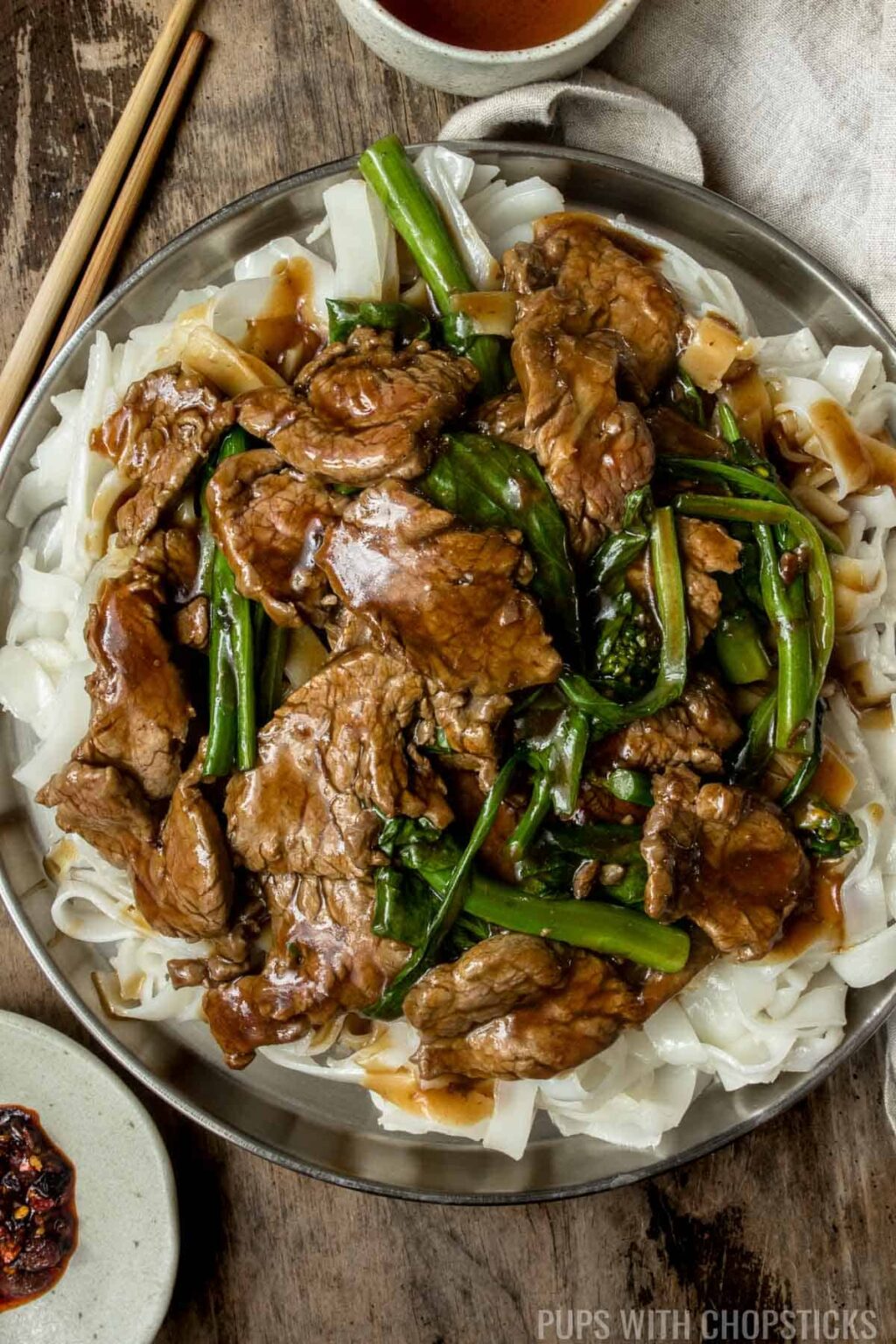 Saucy Beef Chow Ho Fun with Gravy (菜遠牛河) - Pups with Chopsticks
